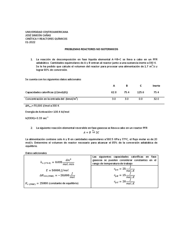 Problemas Reactores No Isotérmicos | PDF | Reactor Quimico | Equilibrio químico