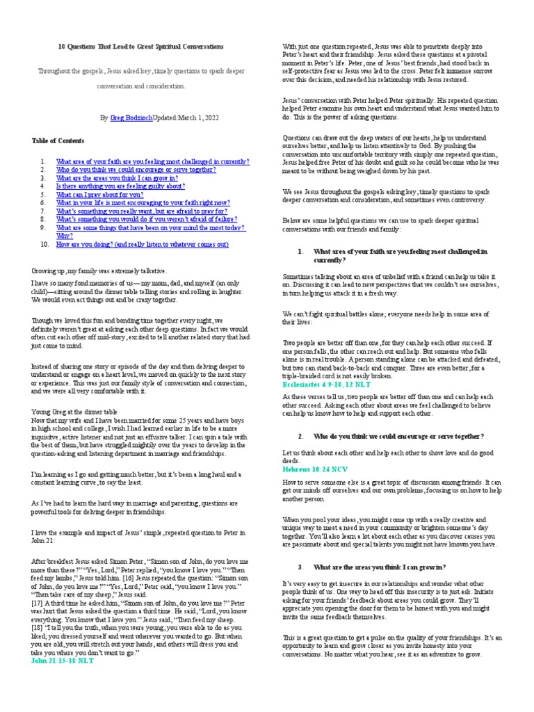10 Questions That Lead To Great Spiritual Conversations | PDF | Jesus ...