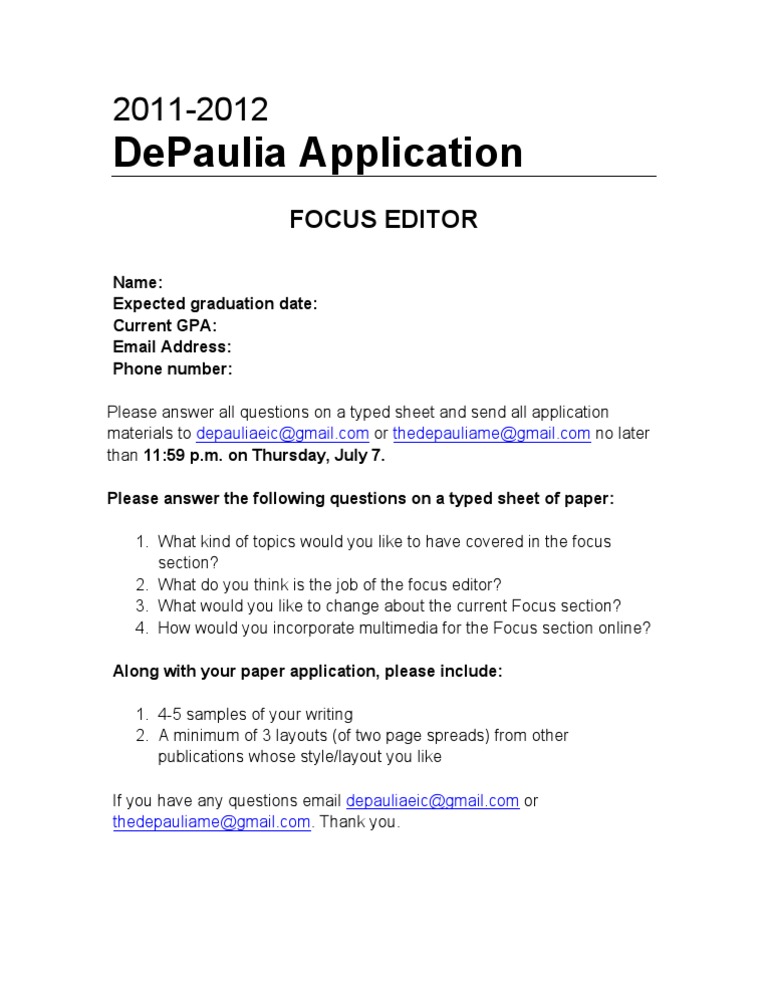 DePaulia Focus Editor Application 2011-2012 | PDF