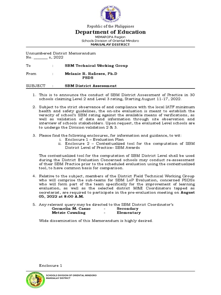 District Memo - SBM District Assesment | PDF