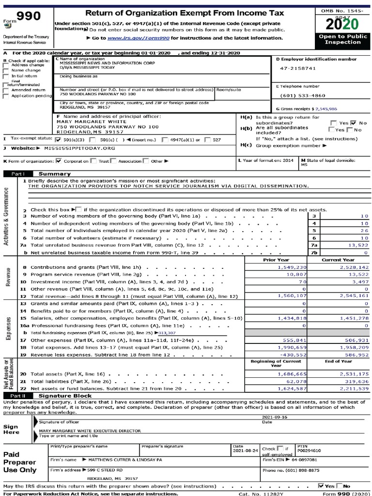 MT 2020 Redacted | PDF | Irs Tax Forms | 501(C) Organization