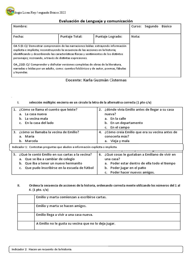 Prueba Libro "En La Casa Del Lado" | PDF