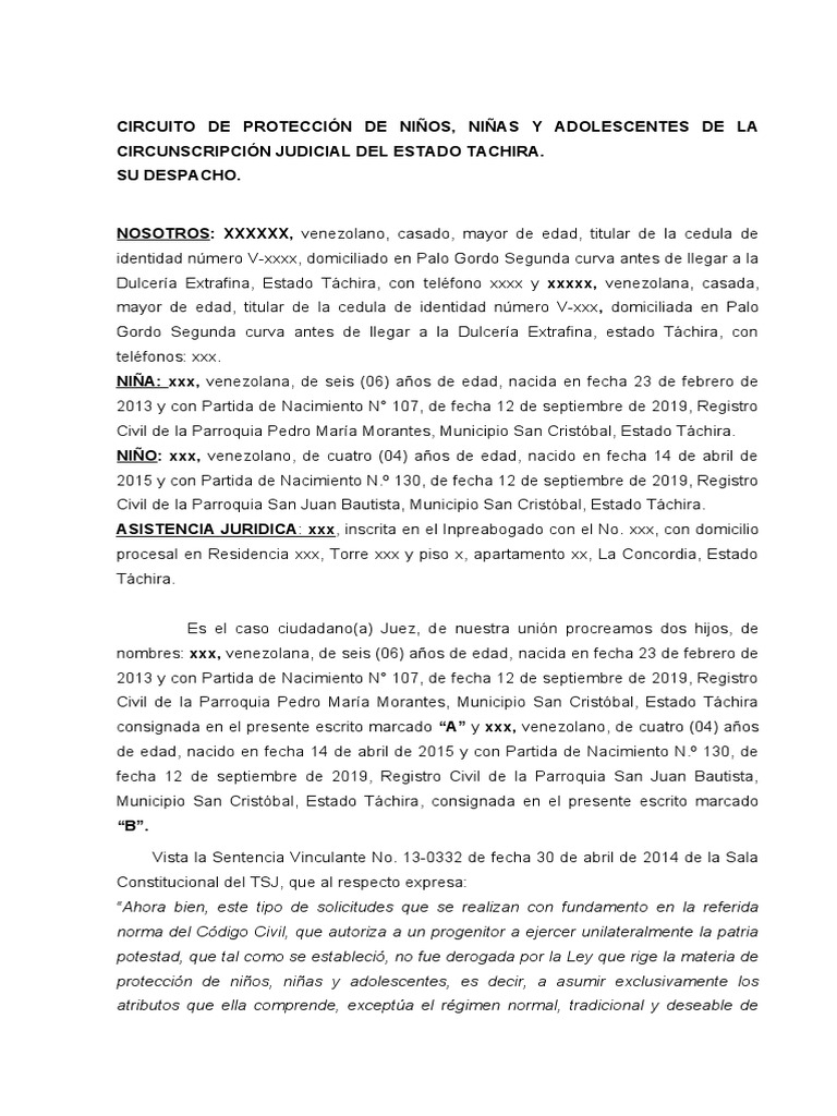 Unilateralidad de La Patria Potestad FORMATO de HOMOLOGACION | PDF ...