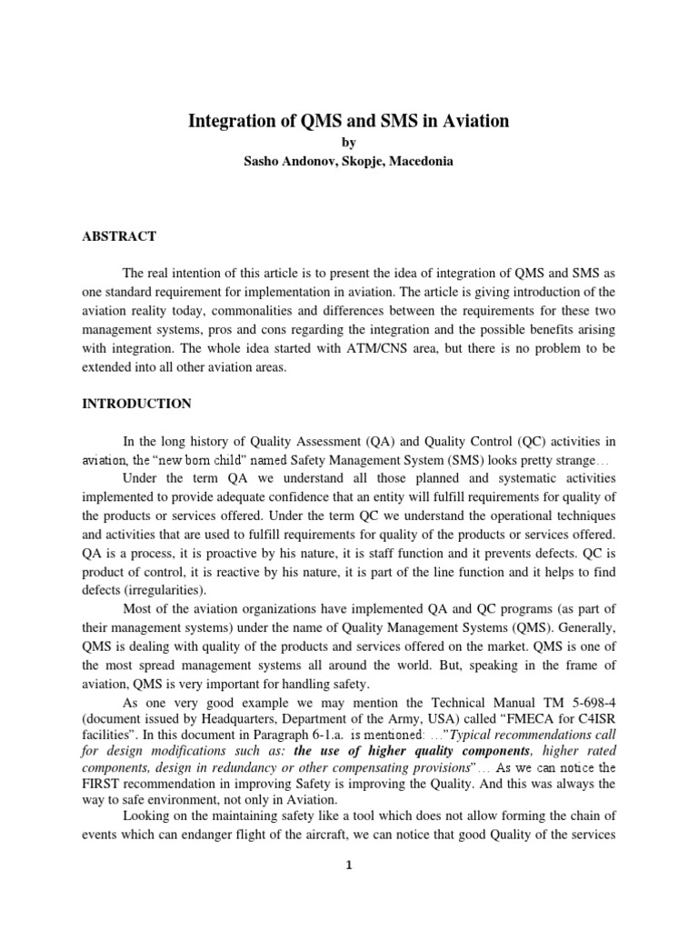 Integration of QMS and SMS in Aviation | PDF | Quality Management ...