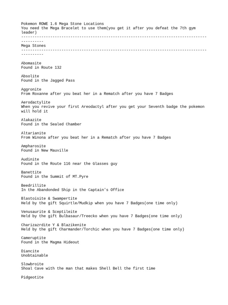 Pokémon ROWE Mega Stone Locations | PDF | Pokémon | Nintendo Franchises