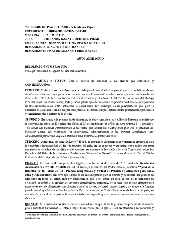 Ejemplo de Auto Admisorio de Demanda | PDF | Demanda judicial | Debido ...
