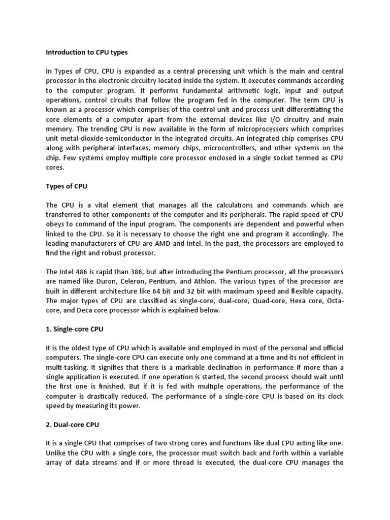 Introduction To Cpu Types Pdf Multi Core Processor Central Processing Unit