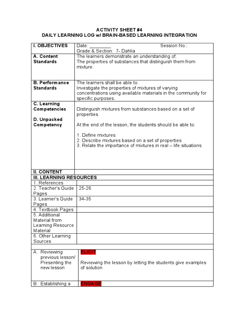 Lesson Plan Example (BRAIN-BASED) | PDF | Learning | Mixture