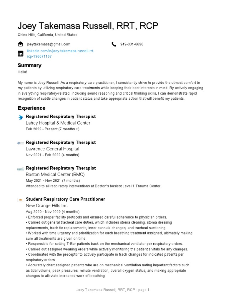 Resume Joey Takemasa Russell RRT RCP | PDF | Health Sciences | Public ...