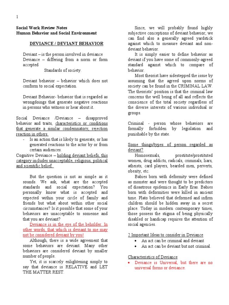 Social Work Review Notes Human Behavior and Social Environment Deviance ...