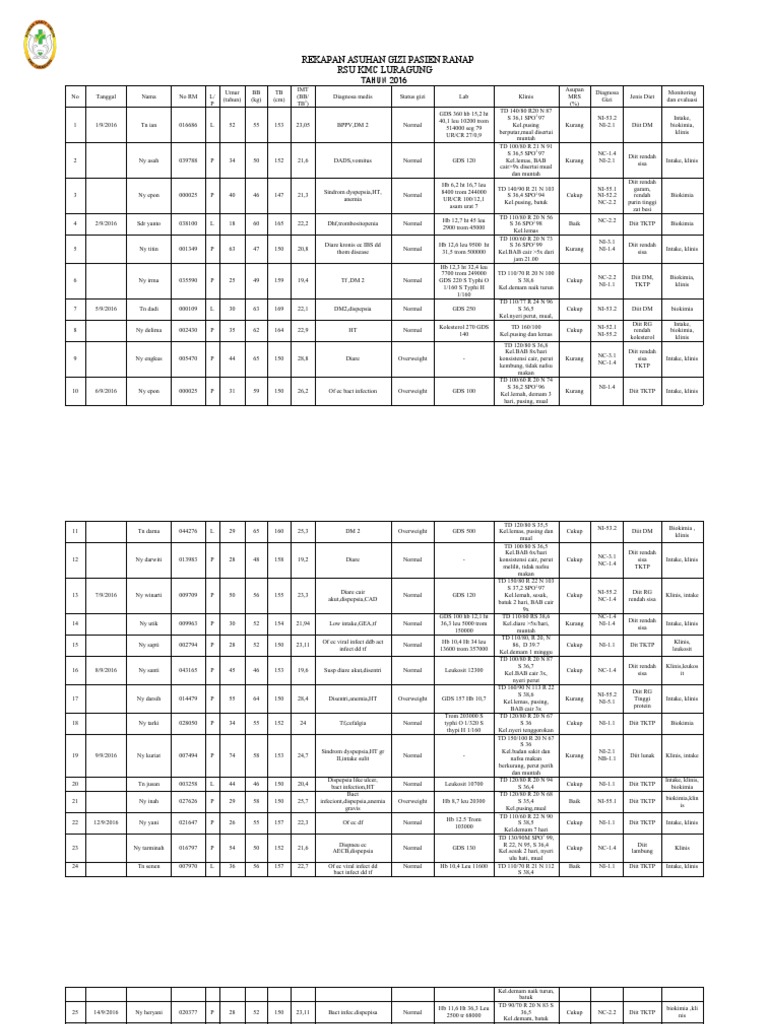 Rekapan Asuhan Gizi Pasien Ranap 2016 | PDF