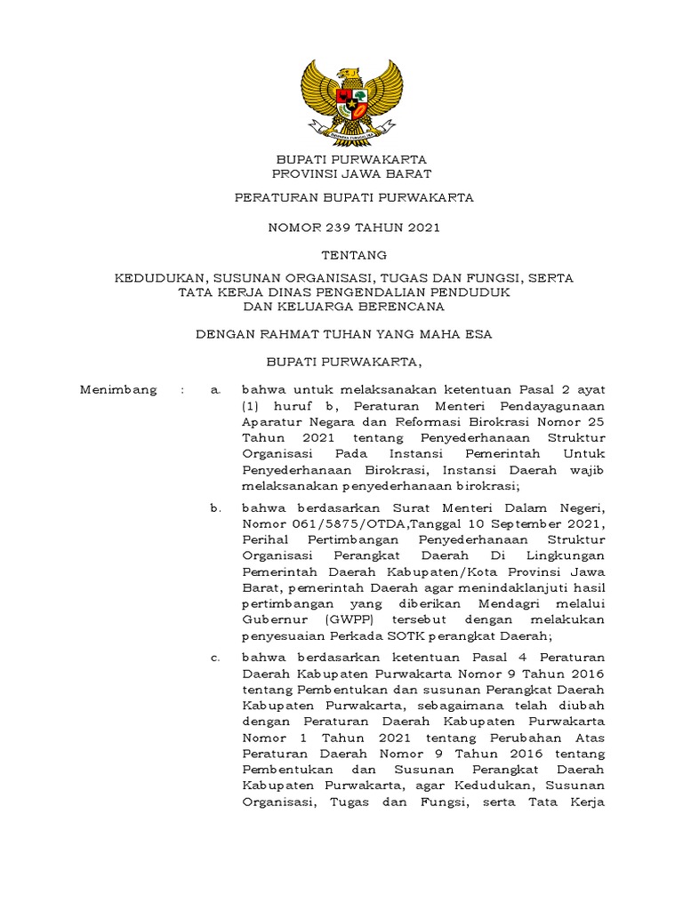 Perbup 239 Tahun 2021 Tentang Kedudukan, Susunan Organisasi, Tugas Dan Fungsi Serta Tata Kerja ...
