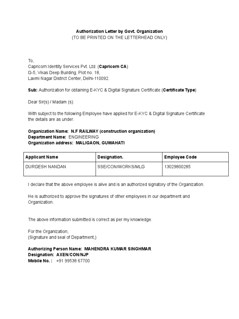 Govt Authorization Letter Format - Docx Google Docs | PDF