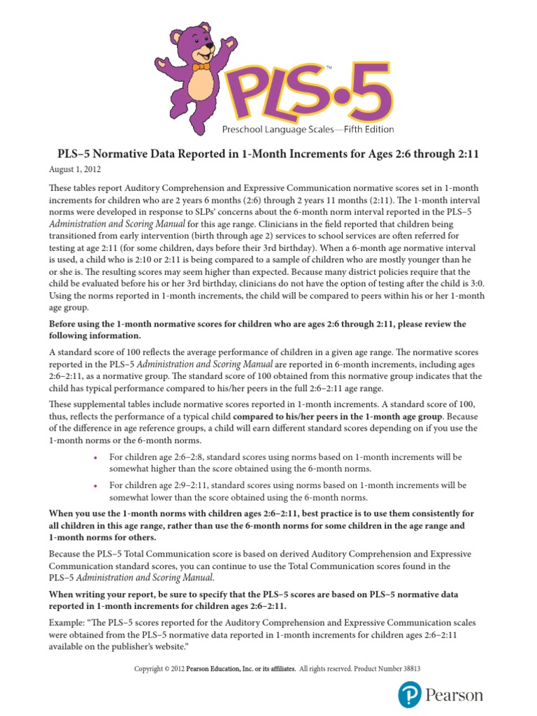 PLS-5 Normative Data Reported in 1-Month Increments For Ages 2:6 ...