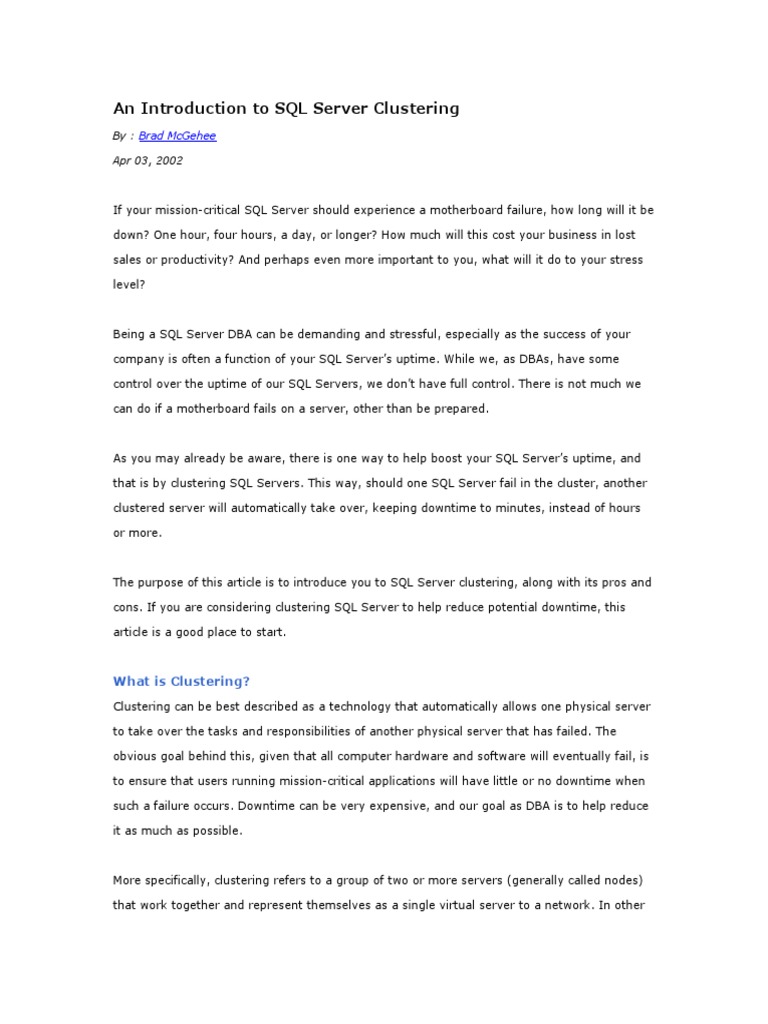 Introduction to SQL Server Clustering | PDF | Computer Cluster | Microsoft Sql Server