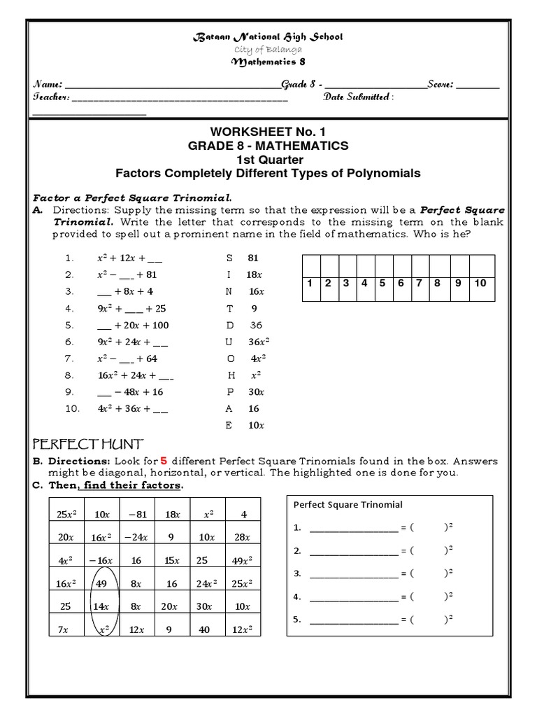 Worksheet No. 1 Grade 8 - Mathematics 1st Quarter Factors Completely ...