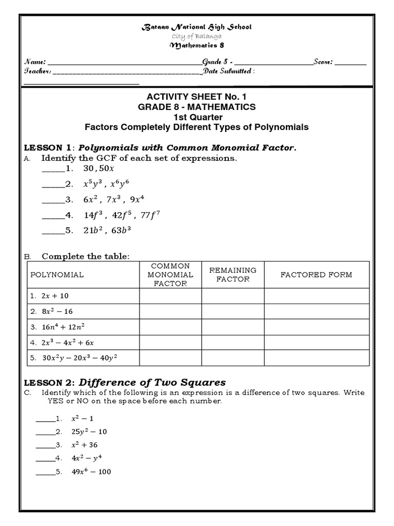 Math 8 Q1 Week 1 Factoring Completely | PDF | Factorization | Mathematics
