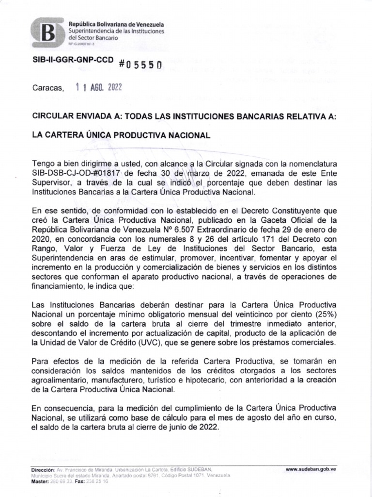 Circular Cartera Única Productiva Nacional | PDF | Bancos | Venezuela