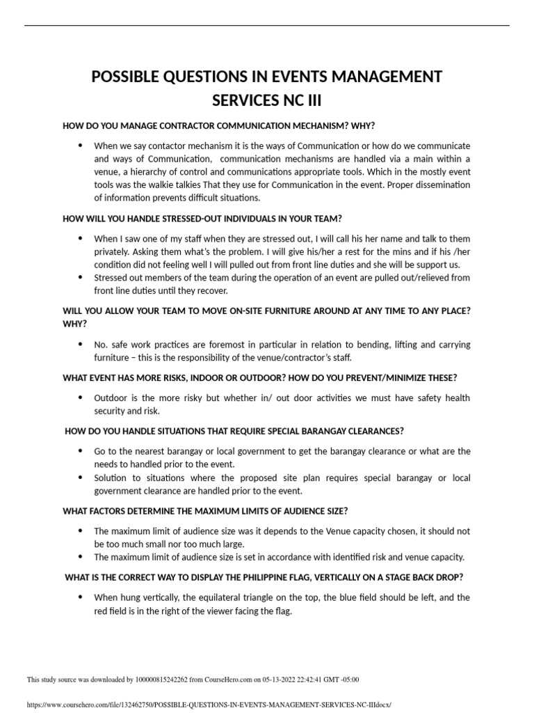 Possible Questions in Events Management Services NC Iii | PDF | Flag ...