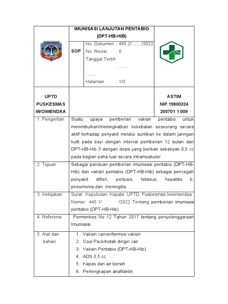 SOP IMUNISASI LANJUTAN PENTABIO (DPT-HB-HiB) | PDF