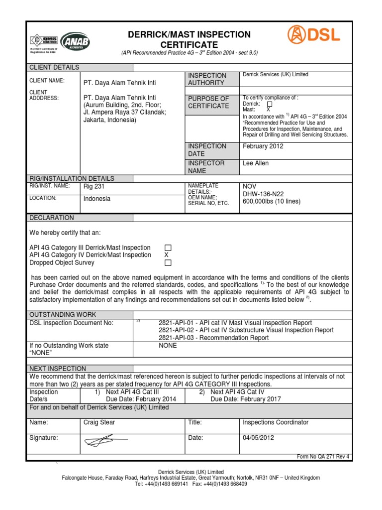 Derrick/Mast Inspection Certificate: (API Recommended Practice 4G - 3 ...