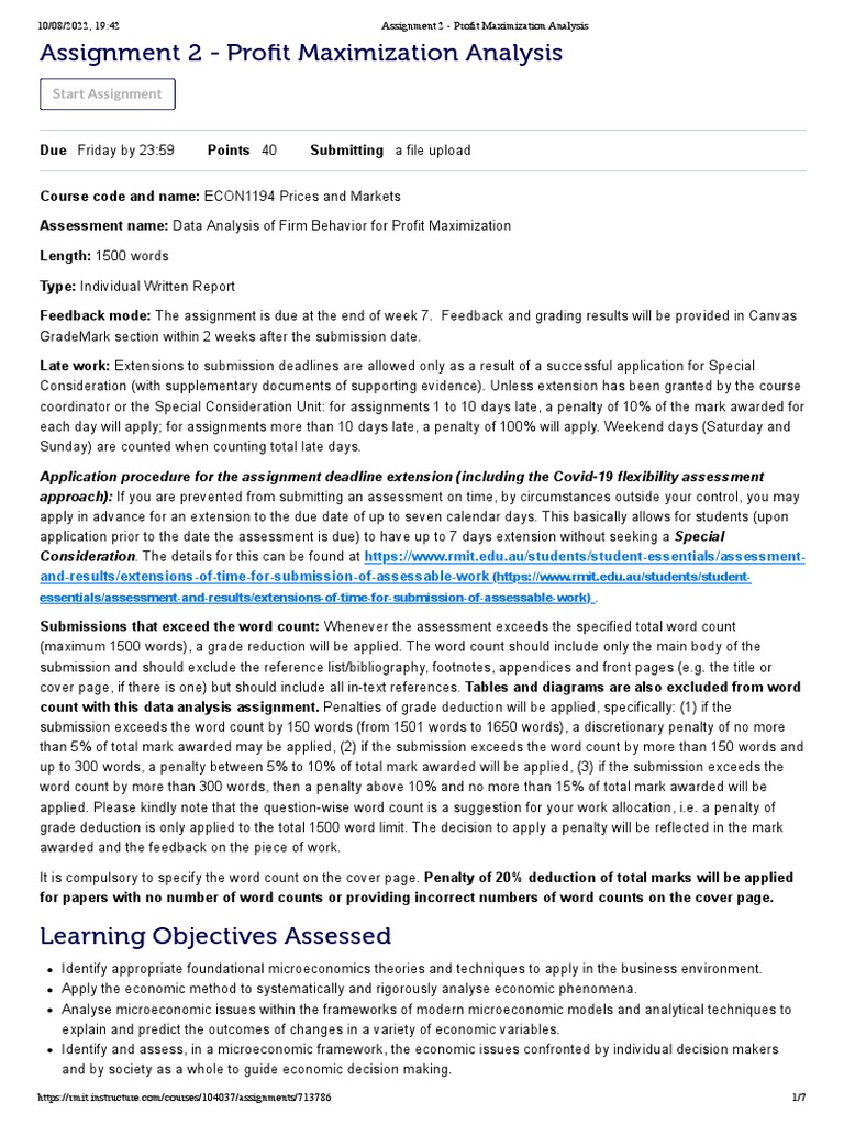 Assignment 2 - Profit Maximization Analysis | PDF | Profit (Economics ...
