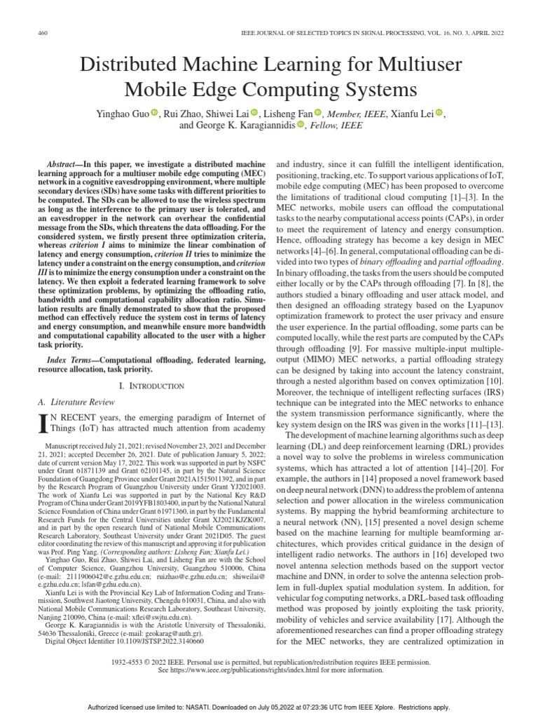 Distributed Machine Learning For Multiuser Mobile Edge Computing Systems Pdf Computer
