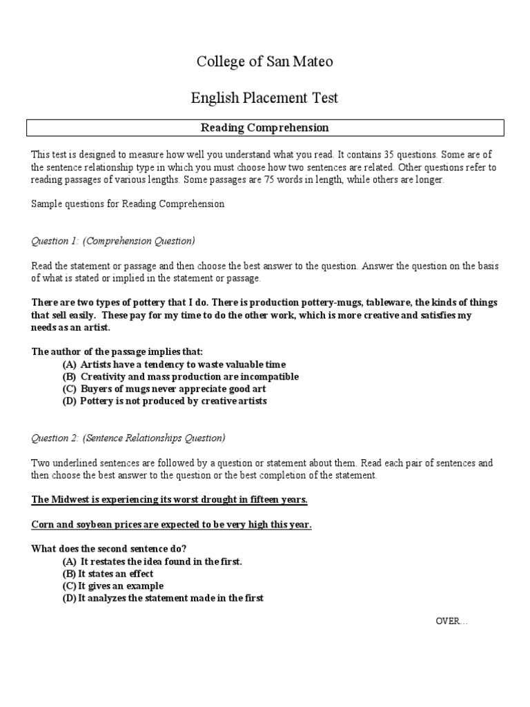 College of San Mateo English Placement Test: Reading Comprehension ...