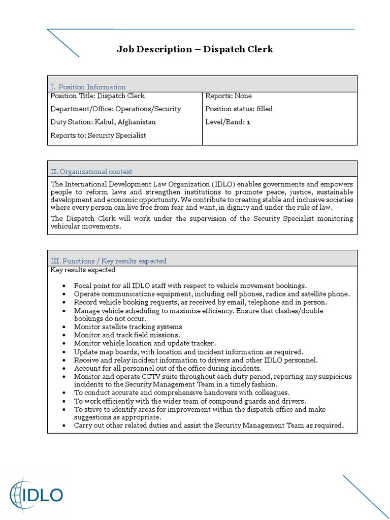 Job Description - Dispatch Clerk: I. Position Information | Download ...