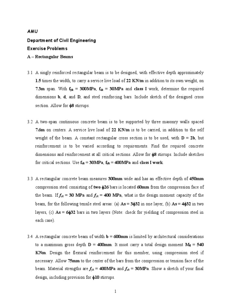 Exercise Problems-Flexure - ED1 | Download Free PDF | Beam (Structure) | Reinforced Concrete