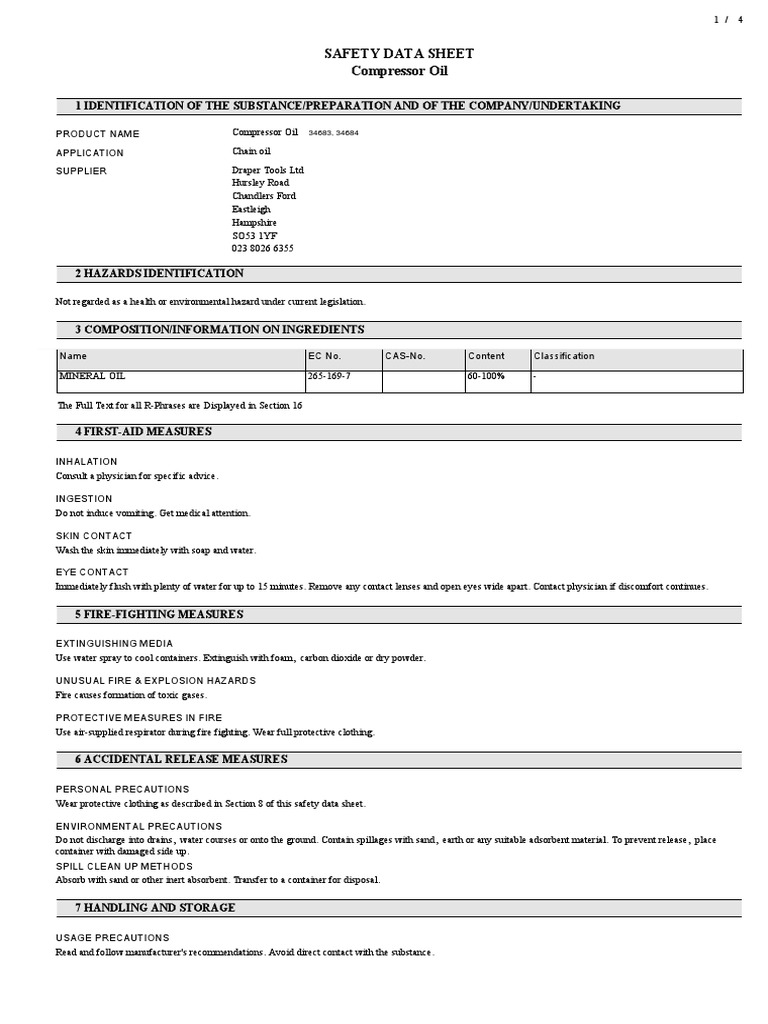 Compressor Oil Safety Data Sheet | PDF | Chemistry | Occupational ...