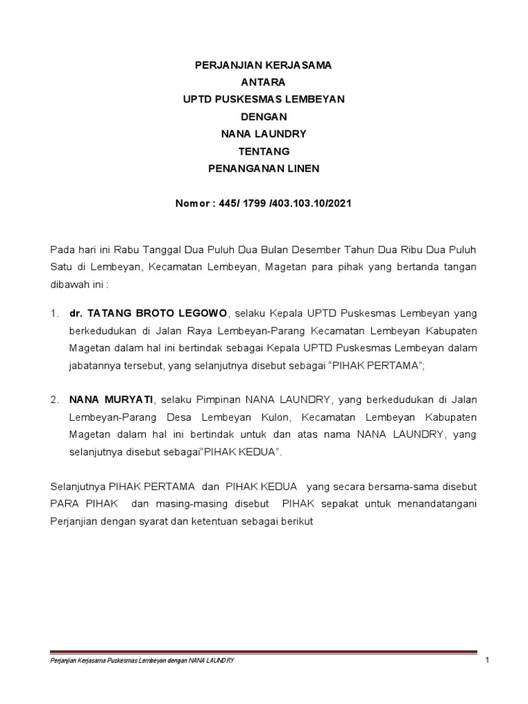 MOU Kerjasama LINEN/Laundry UPTD Puskesmas Lembeyan | PDF