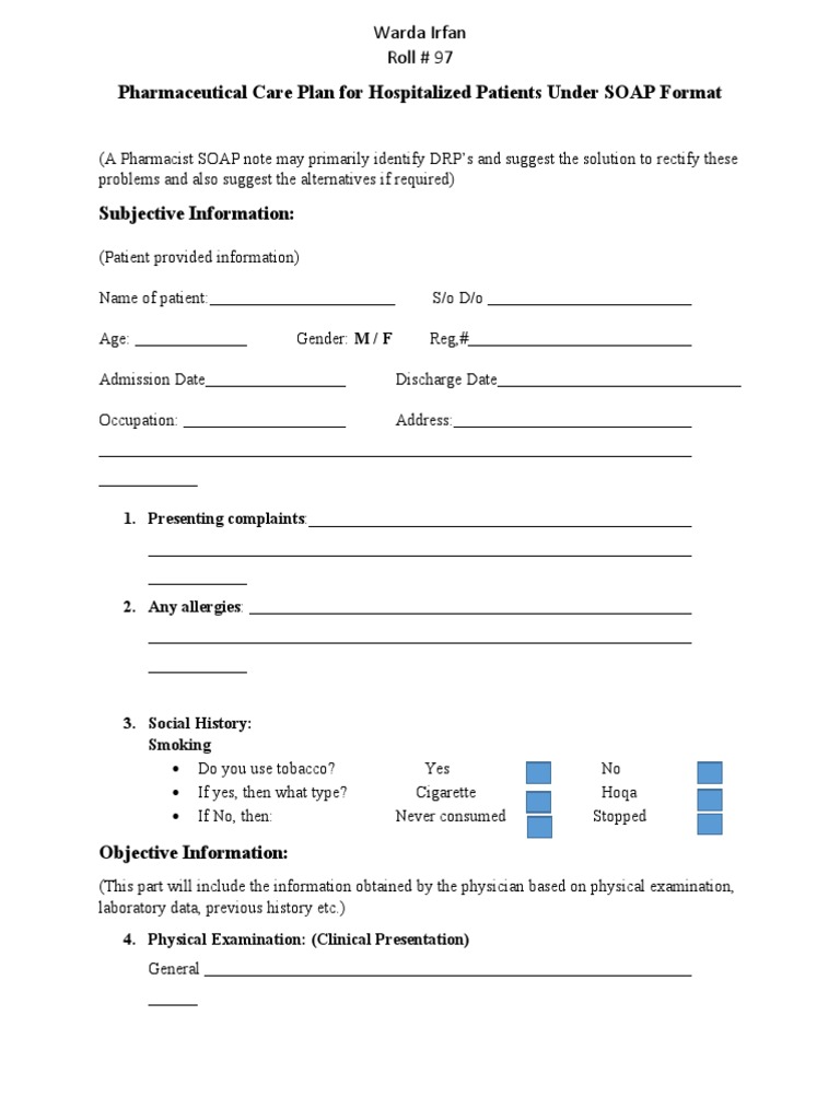 SOAP-Based Pharmaceutical Care Plan | PDF | Pharmacy | Physical Examination
