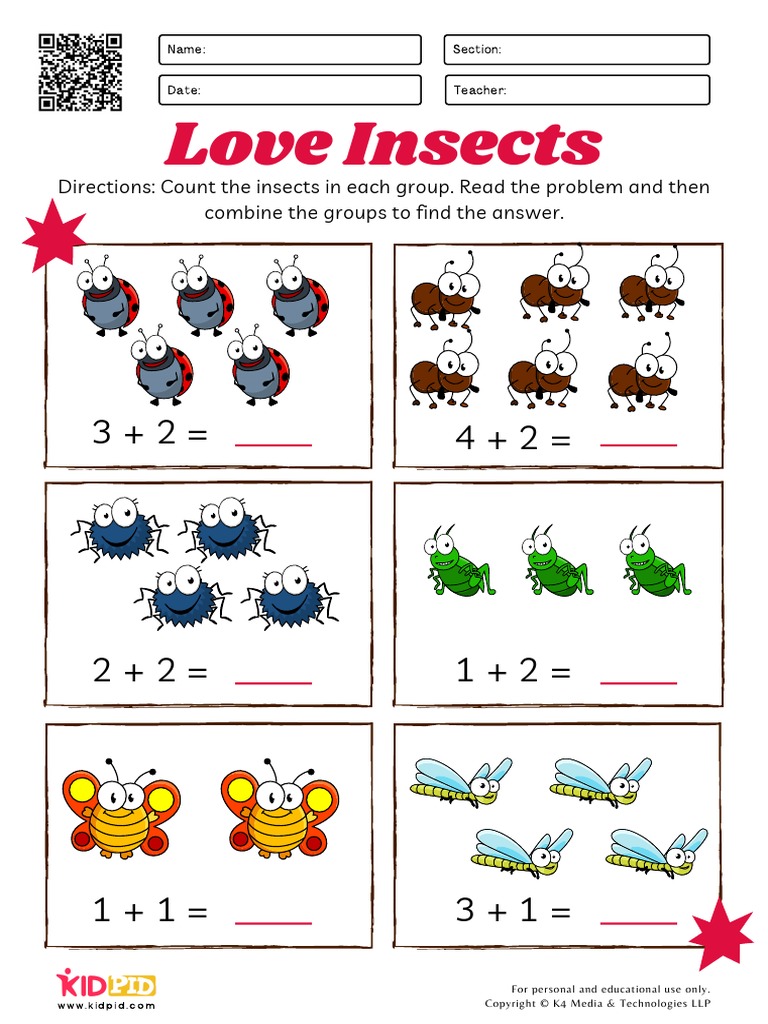 Colorful Insects Basic Addition Worksheets For Kids | PDF | Career & Growth