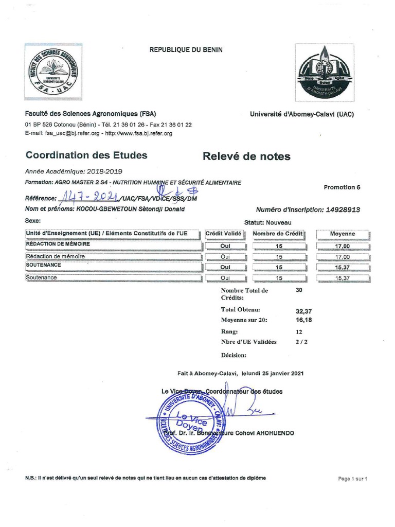 Relevé de Notes Master 2 Deuxième Semestre | PDF
