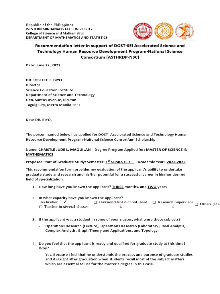 4.-RECOMMENDATION-LETTER-DOST-2 | PDF | Science | Psychological Concepts