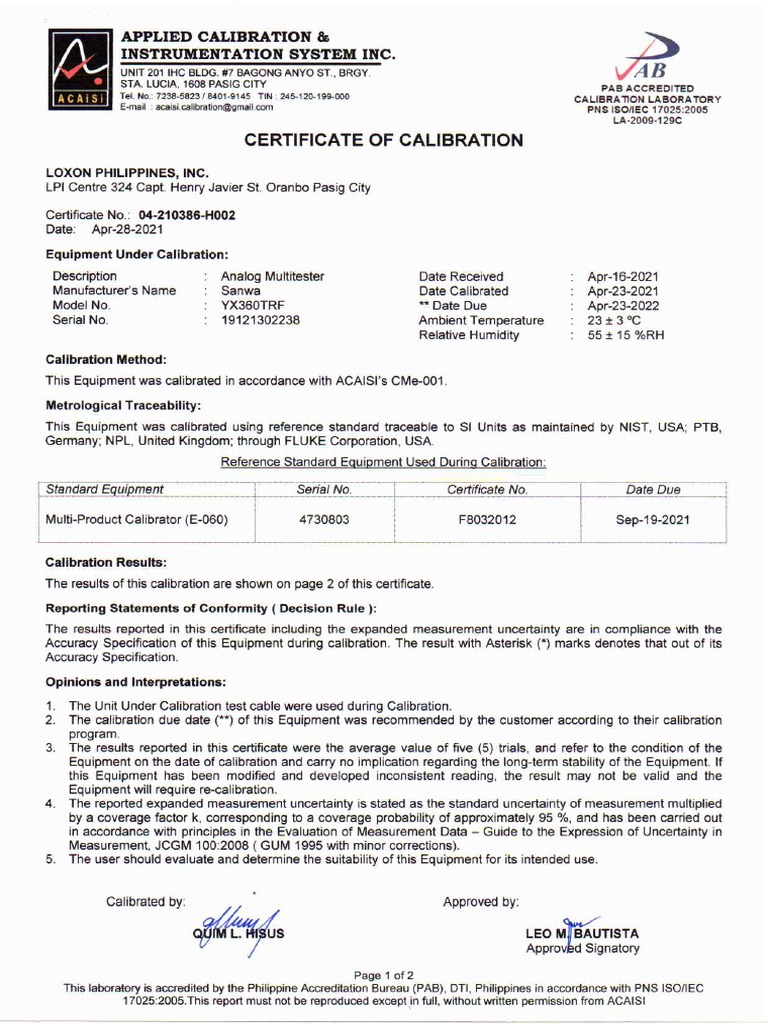 Calibration Certificate (Multimeter) | PDF