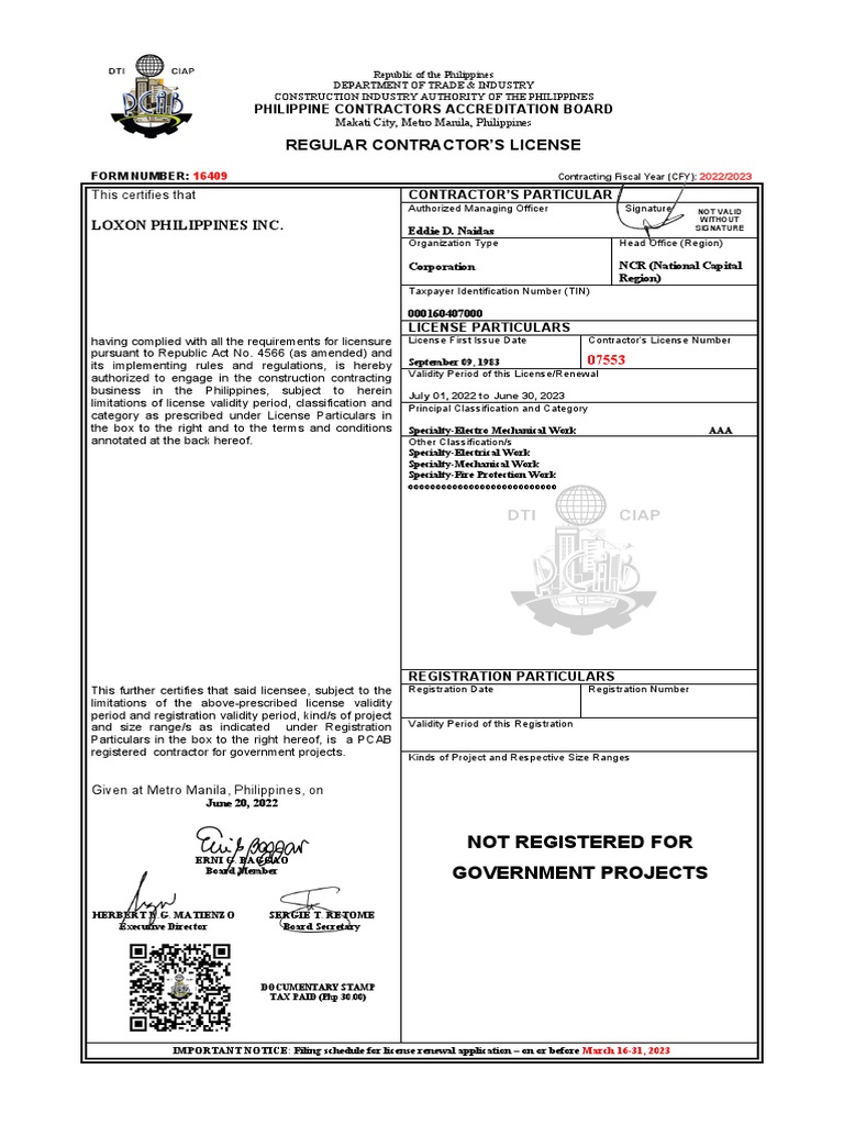 Loxon Philippines Inc. Contractor License | PDF | License | Licensure