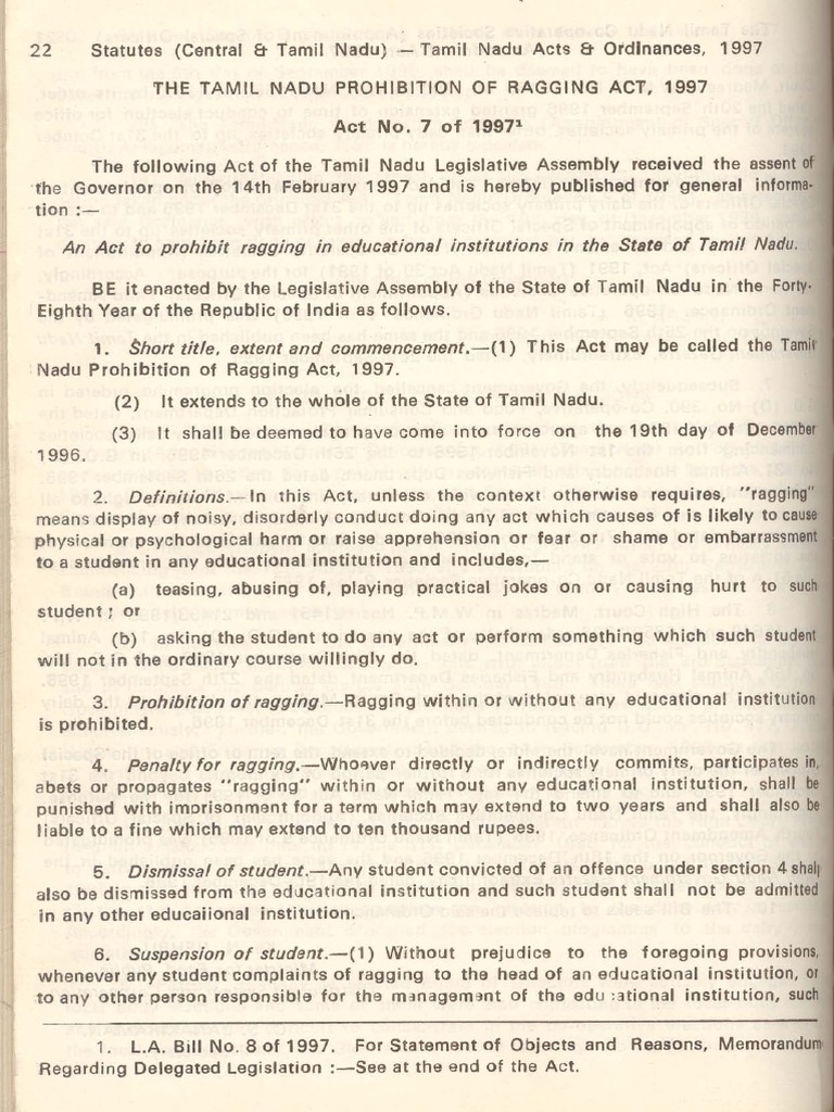 The Tamil Nadu Prohibition of Ragging Act, 1997 | PDF