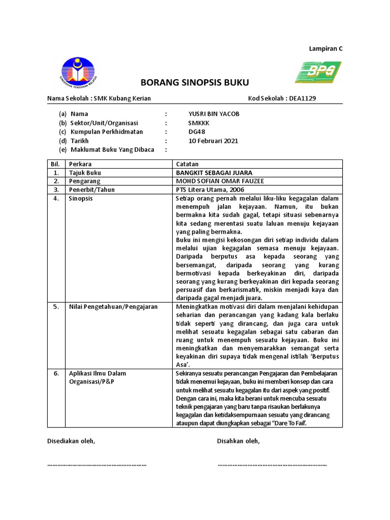 Borang Sinopsis Buku SPLKPM 2 | PDF Borang Sinopsis Buku SPLKPM 2 | PDF