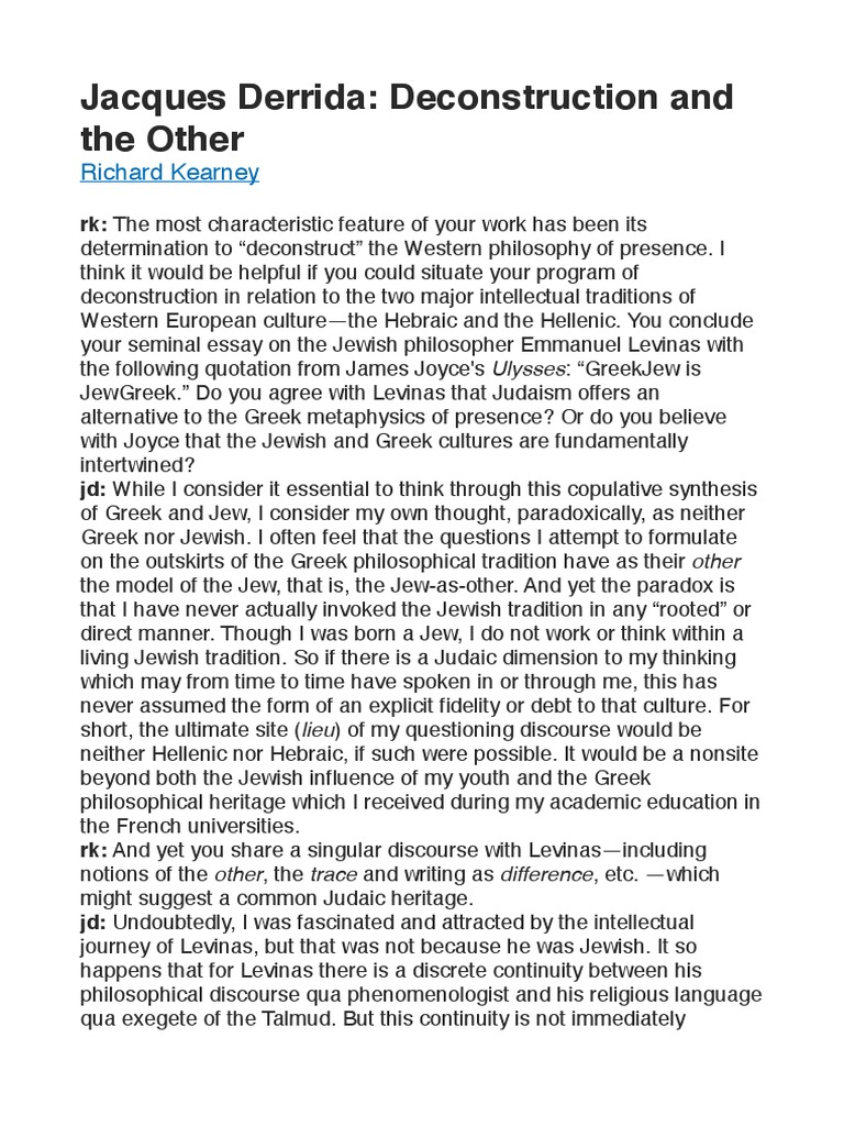 Jacques Derrida: Deconstruction and The Other: Richard Kearney | PDF ...
