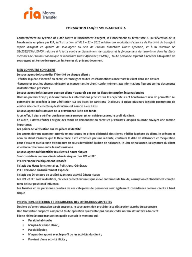 Formation RIA : Lutte Anti-Blanchiment | PDF | Blanchiment d'argent