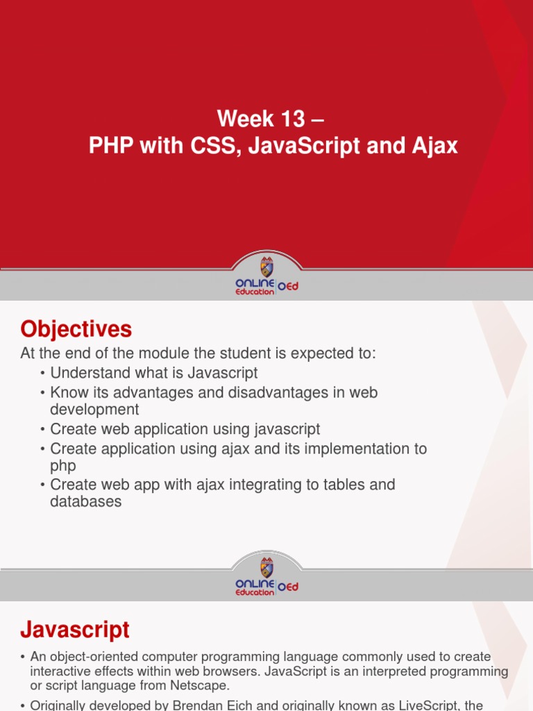 W12 Lesson 10 PHP With CSS, JavaScript and Ajax - Presentation | PDF ...