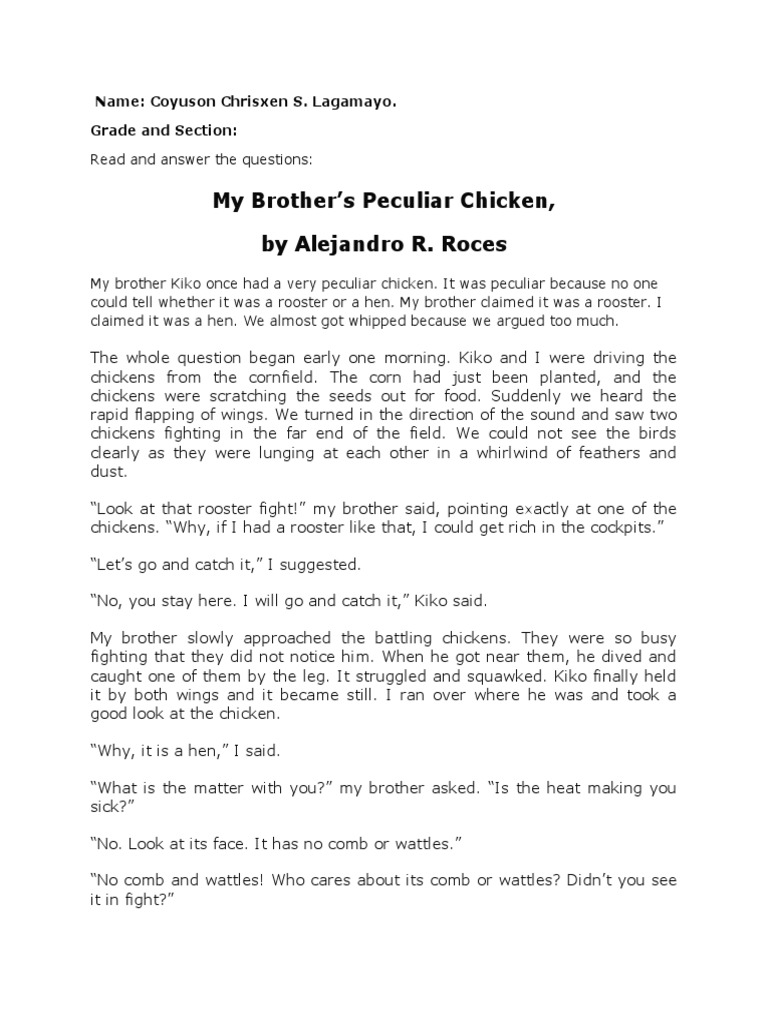 My Brother's Peculiar Chicken, by Alejandro R. Roces: Read and Answer ...