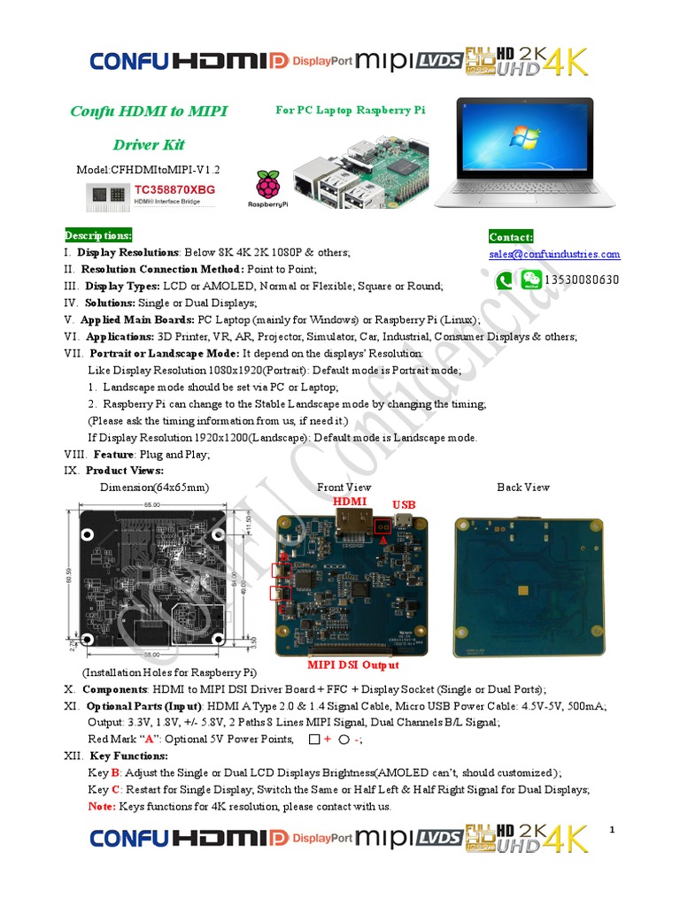 Confu HDMI To MIPI Driver Kit: Descriptions: Contact | PDF | Hdmi ...