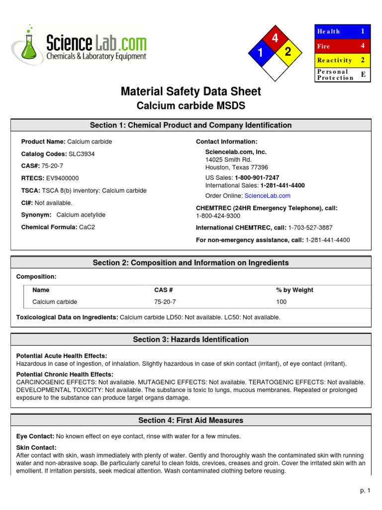 Calcium Carbide MSDS | PDF | Personal Protective Equipment | Toxicity