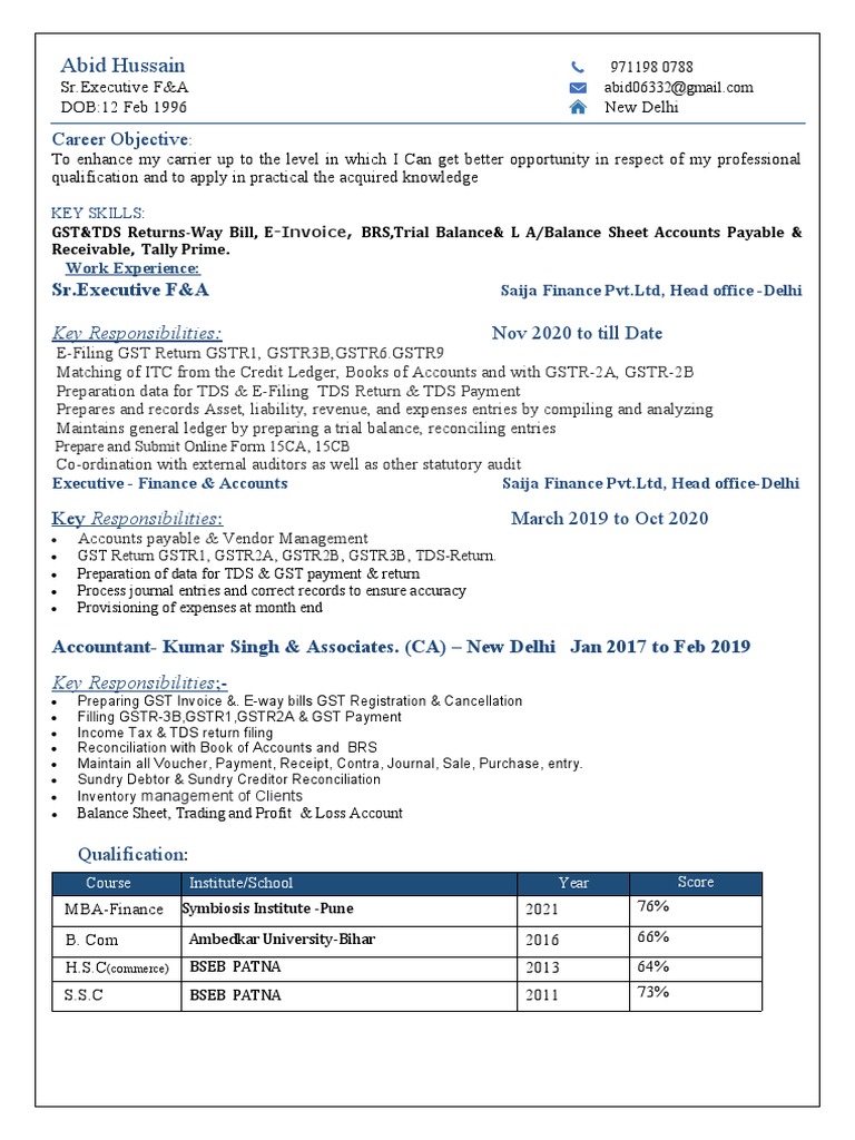 Abid Hussain Resume - Sr. Executive F&A with GST and Accounting ...