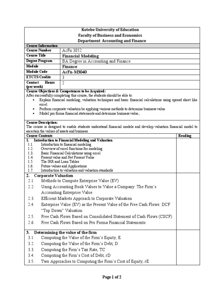 Course Outline Financial Modeling | PDF | Valuation (Finance ...