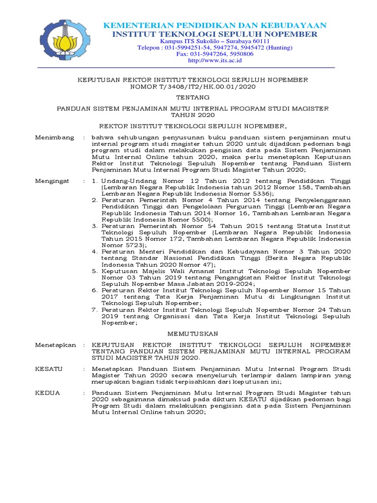 3408 SK Rektor TTG Panduan SPMI Program Studi Magister Tahun 2020 | PDF