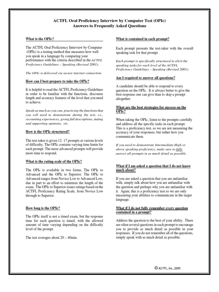 Actfl Oral Proficiency Interview by Computer Test (Opic) Answers To ...